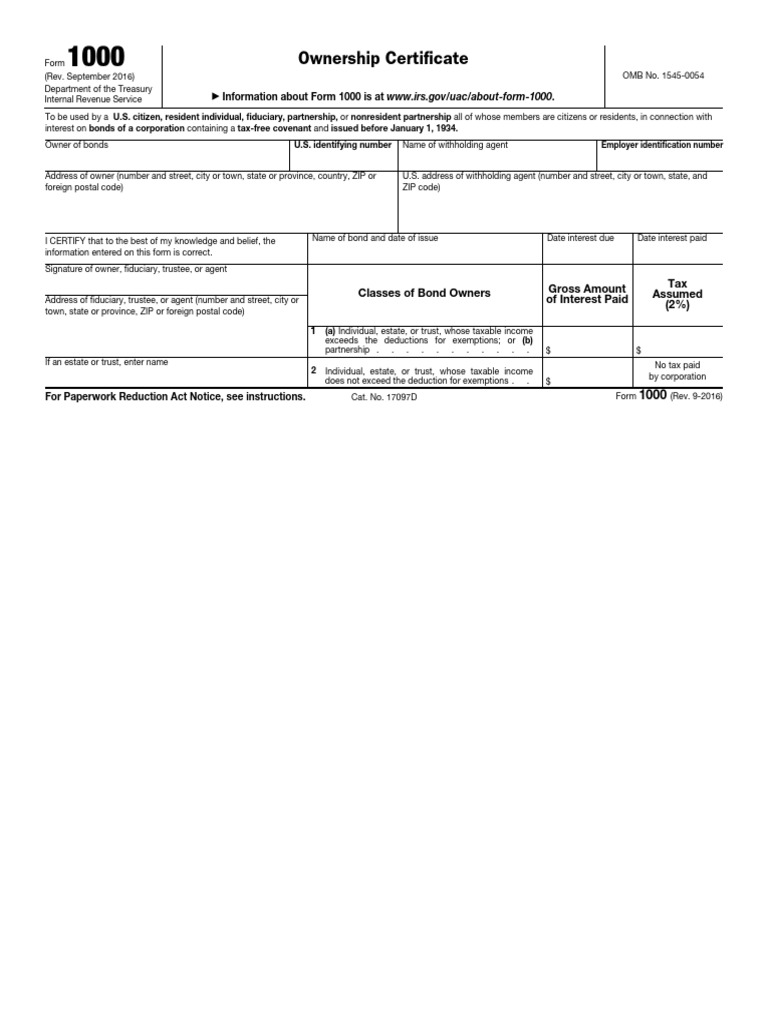 Ownership Certificate: Information About Form 1000 Is at WWW - Irs.gov ...