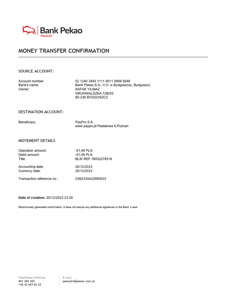 Money Transfer Confirmation 2023 | PDF