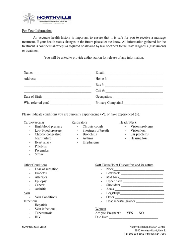 RMT Intake Form Northville | PDF | Chronic Condition | Health Sciences