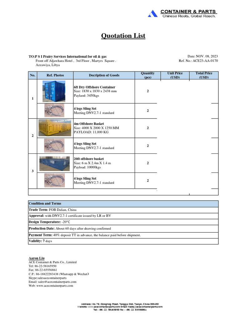 ACE Quotation List - Offshore Container and Basket | PDF