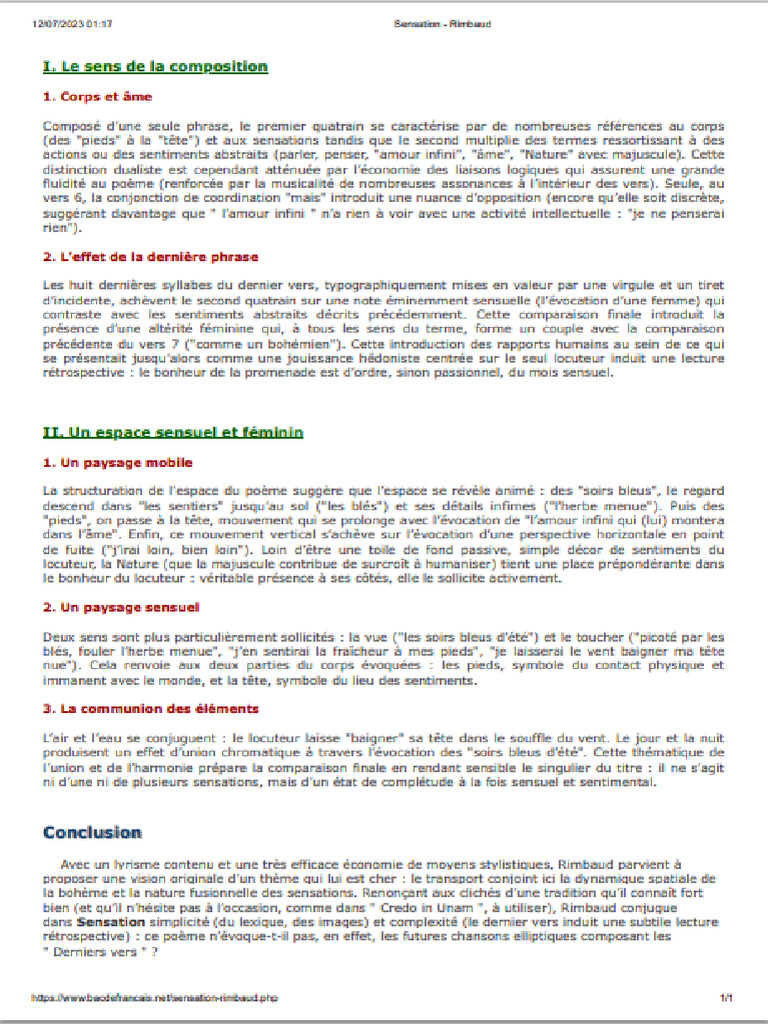 Analyse Du Poème D'arthur Rimbaud "Sensations" Cahier de Douai | PDF