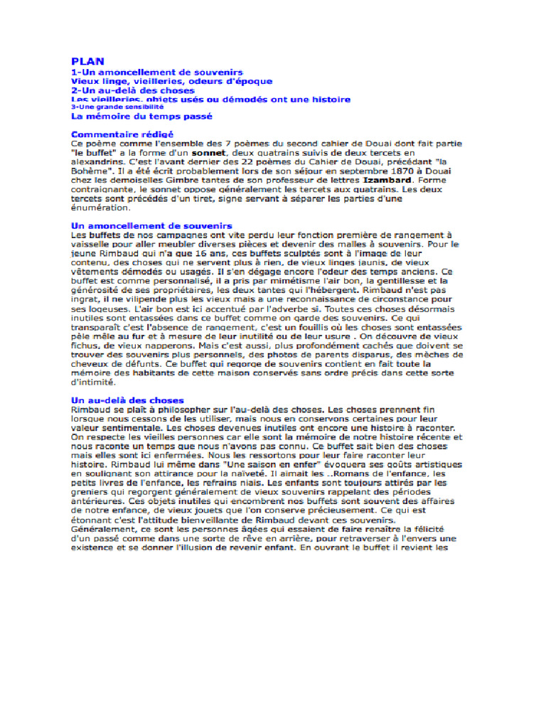 Analyse Cahier de Douai D'arthur Rimbaud "Le Buffet" | PDF