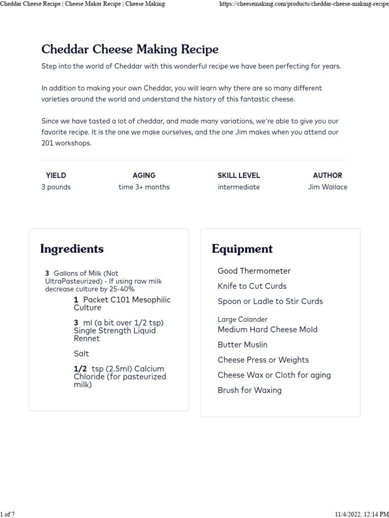 Cheddar Cheese Making Recipe | PDF