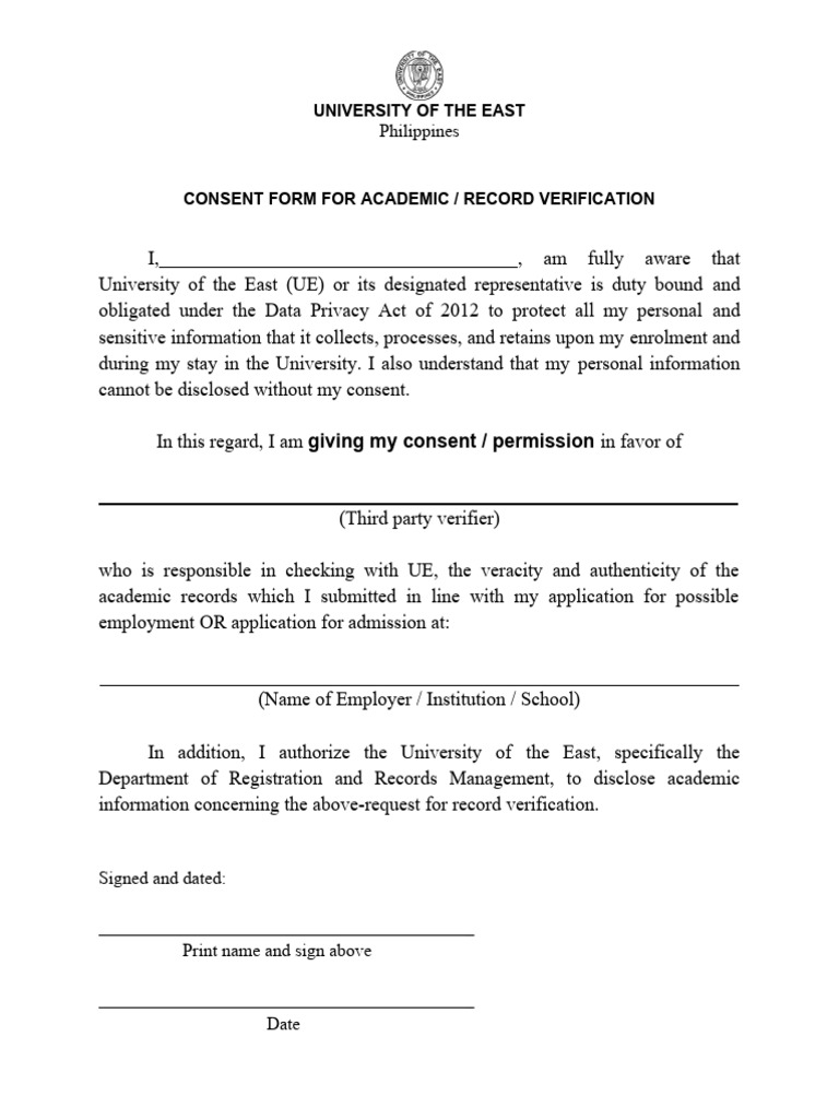 CONSENT FORM For Student Verification UE Caloocan | PDF