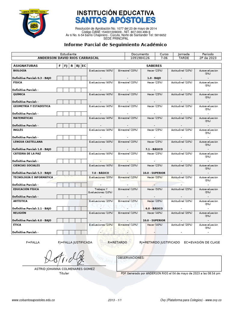 Informe Parcial De Seguimiento Acadmico Pdf