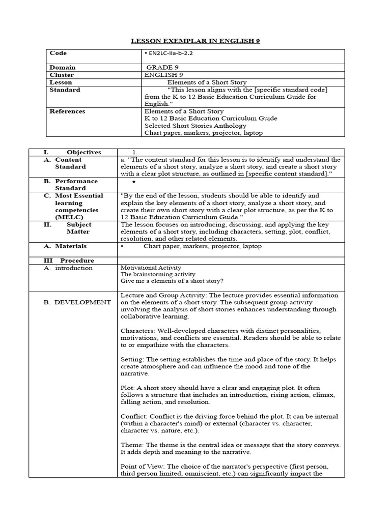 Short Story Elements Lesson Plan | PDF | Narration | Plot (Narrative)