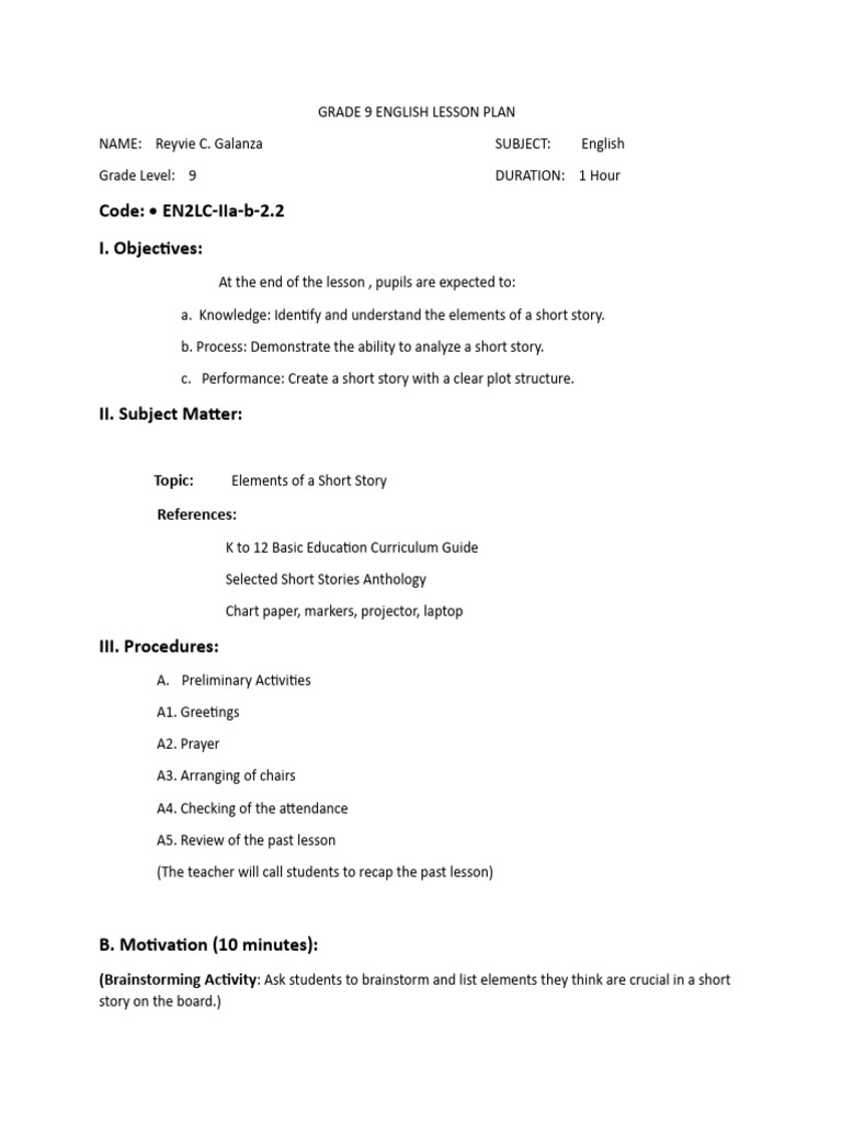 Grade 9 English Short Story Lesson Plan | PDF | Narration | Plot ...