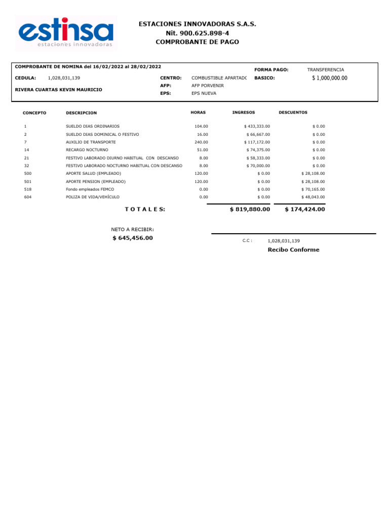 Estaciones Innovadoras S.A.S. Nit. 900.625.898-4 Comprobante de Pago ...