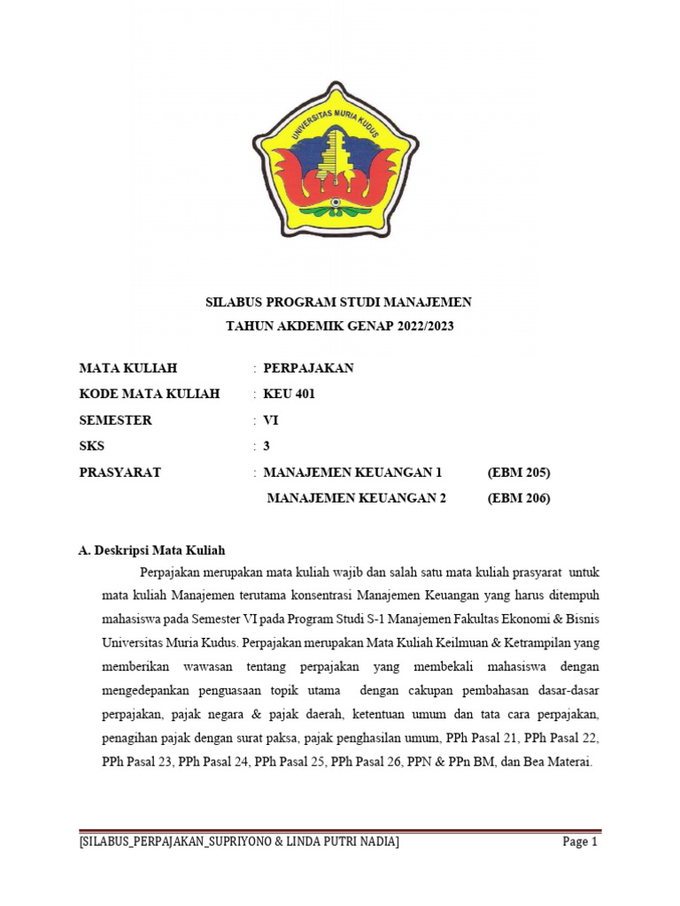 Silabus - Genap 2023 - Perpajakan | PDF