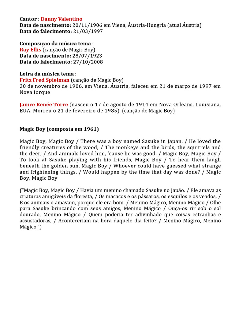 Música Tema em inglês do longa animado O Menino Mágico (Magic Boy, 1959) | PDF