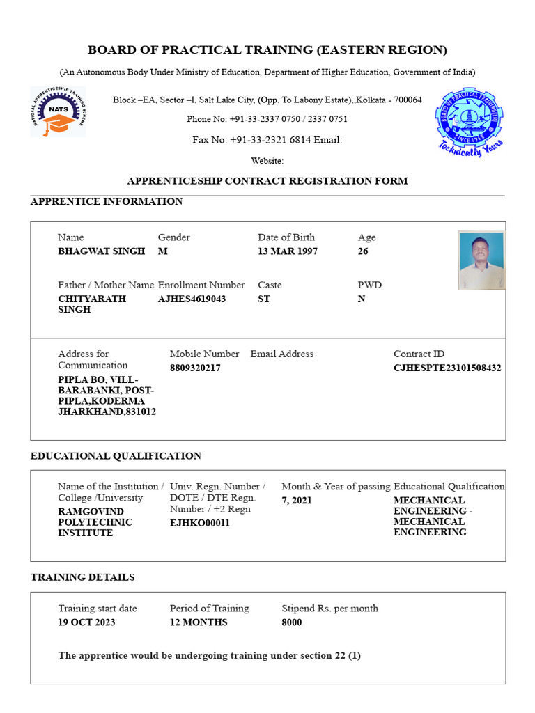 Apprenticeship Contract Registration Form | PDF | Apprenticeship ...