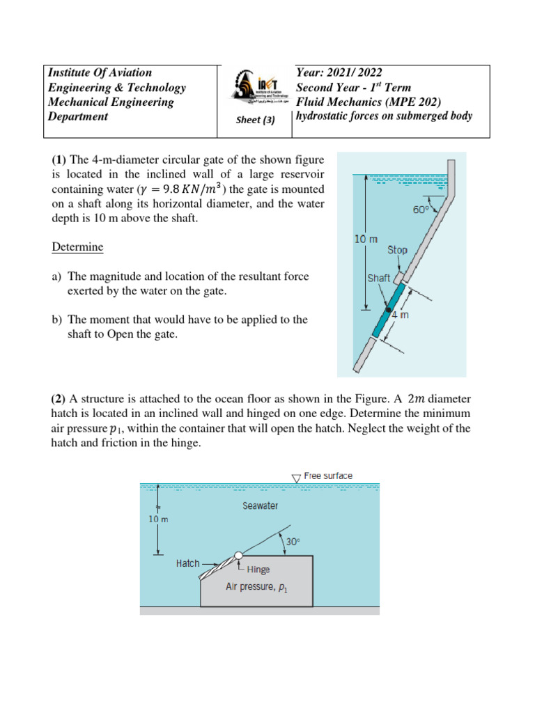 Sheet 3 Hydrostatic Forces On Submerged Surfaces | PDF | Physical ...