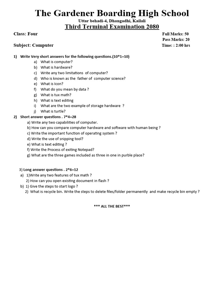 Computer Exam Paper for Class Four | PDF