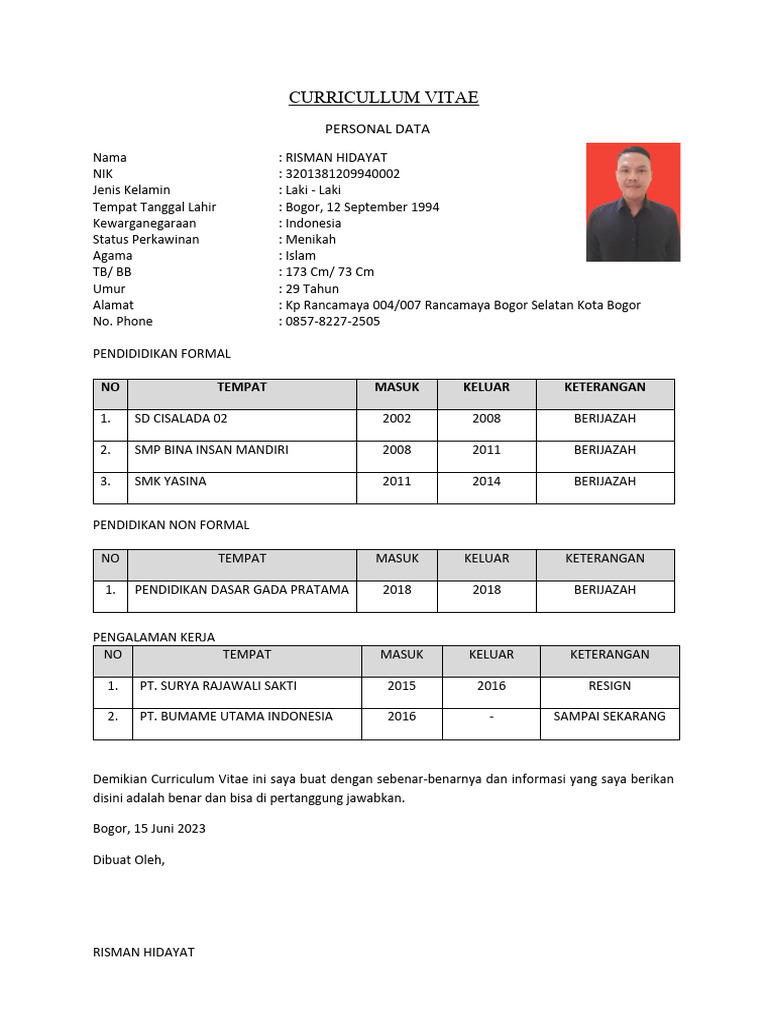 CV Risman Hidayat untuk Posisi Sopir | PDF