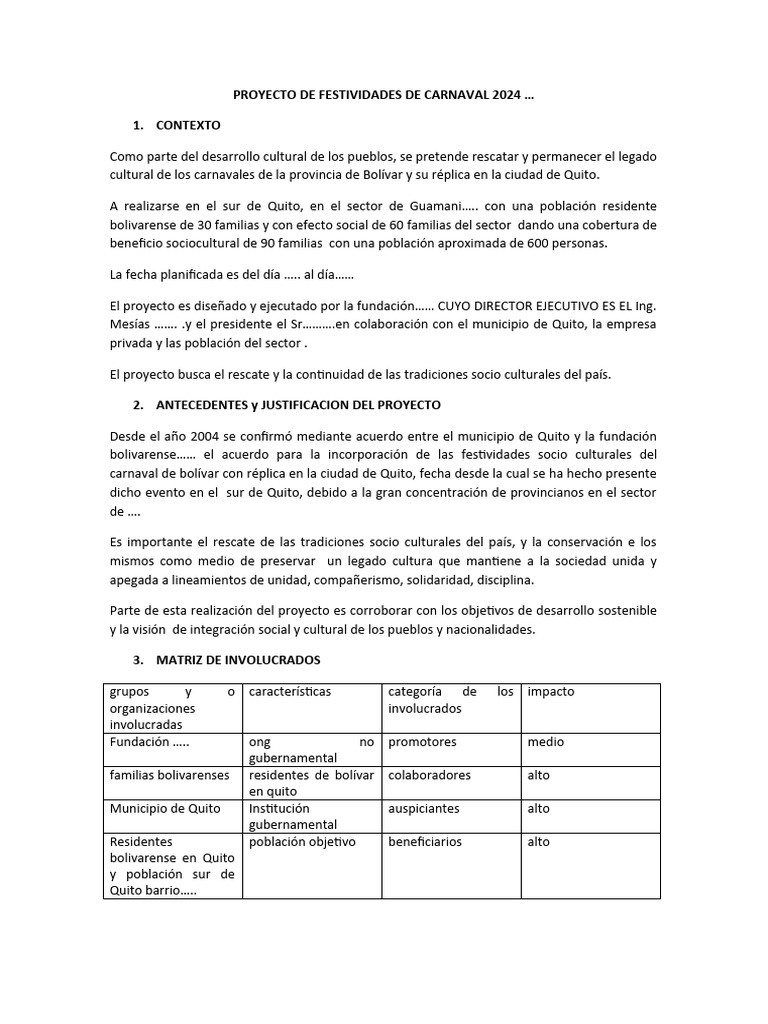 Proyecto de Festividades de Carnaval 2024 | PDF