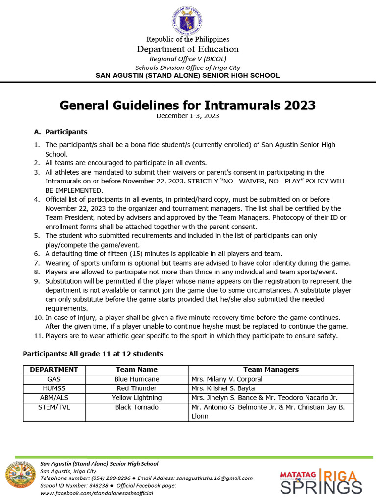 General Guidelines For Intramurals 2023... | PDF | Dances | Tournament