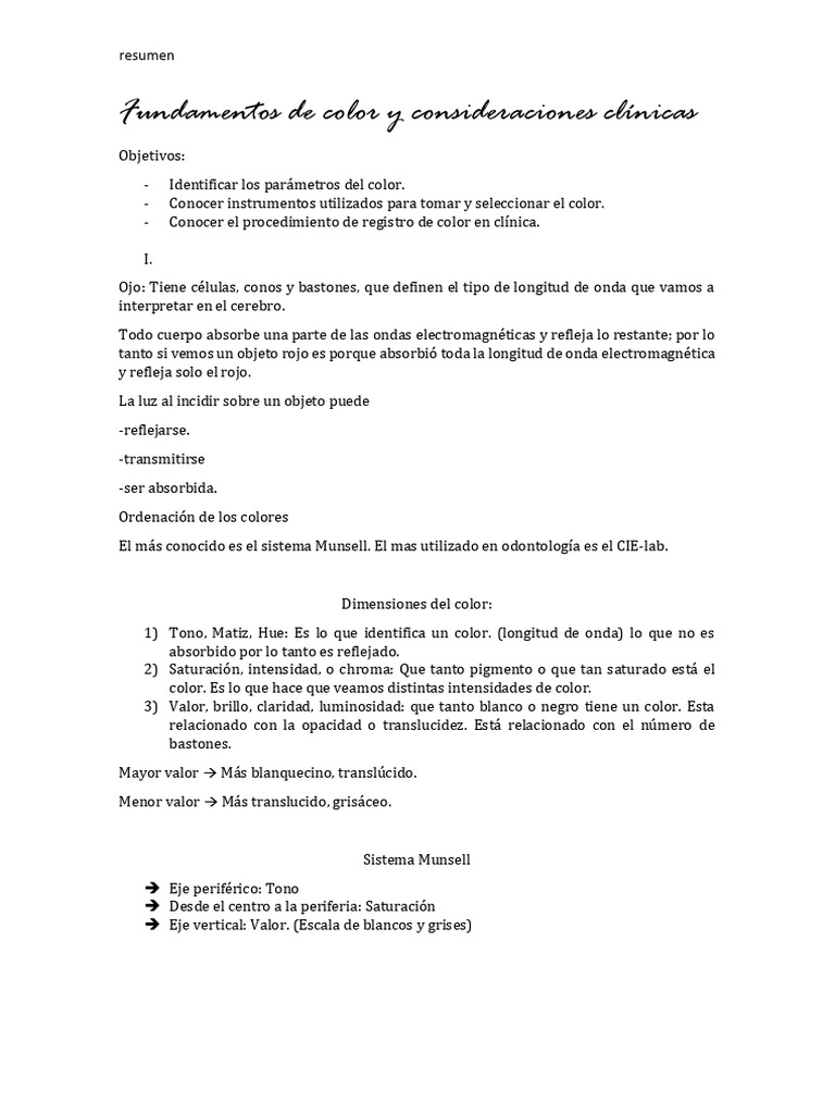 Resumen de Fundamentos de Color y Consideraciones Clinicas | PDF | Color | Ligero