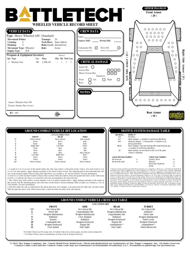 Heavy Wheeled APC (Standard) | PDF | Tanks | Battle Tech