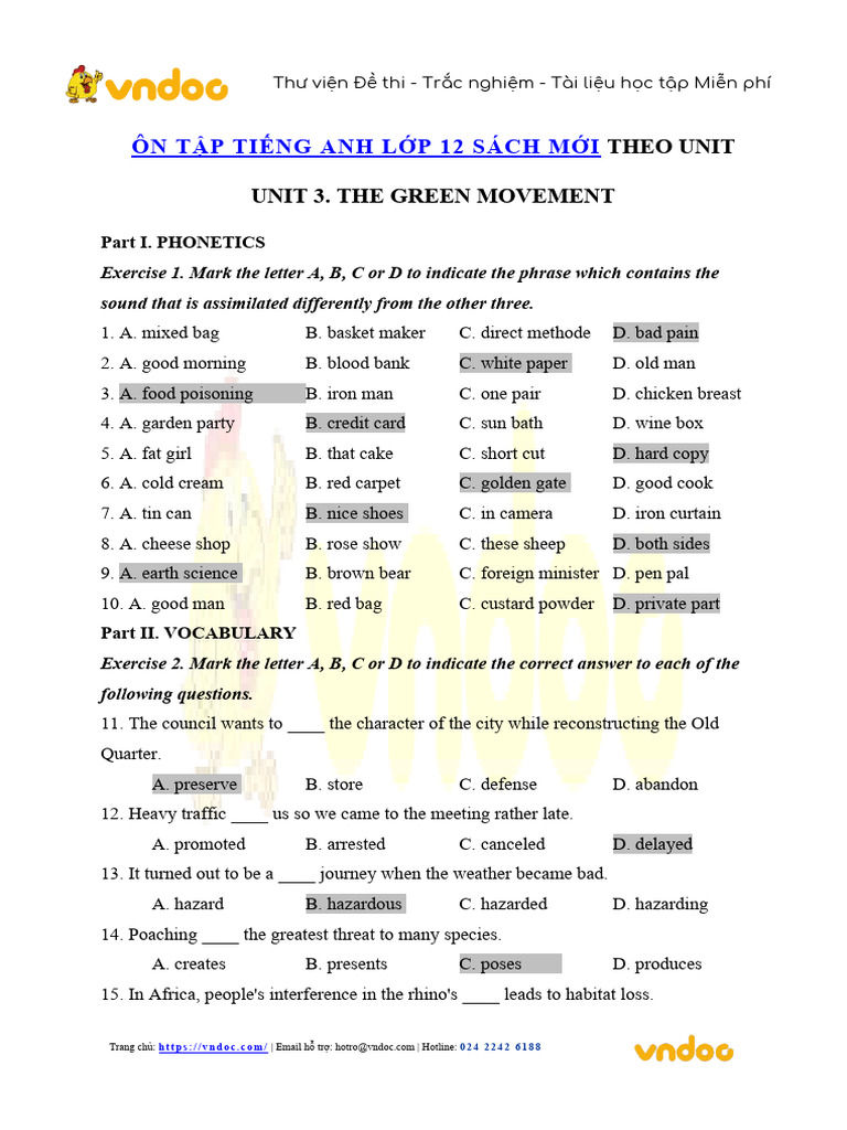 Bai Tap Tieng Anh 12 Moi Unit 3 the Green Movement | PDF | Coral Reef ...
