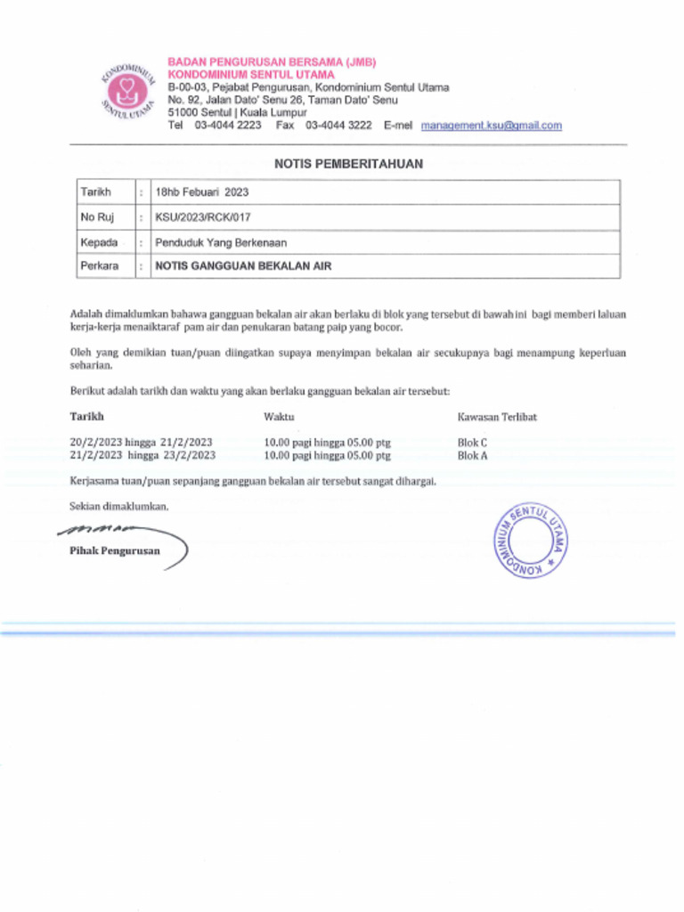 Notis Gangguan Bekalan Air Blok A &C | PDF