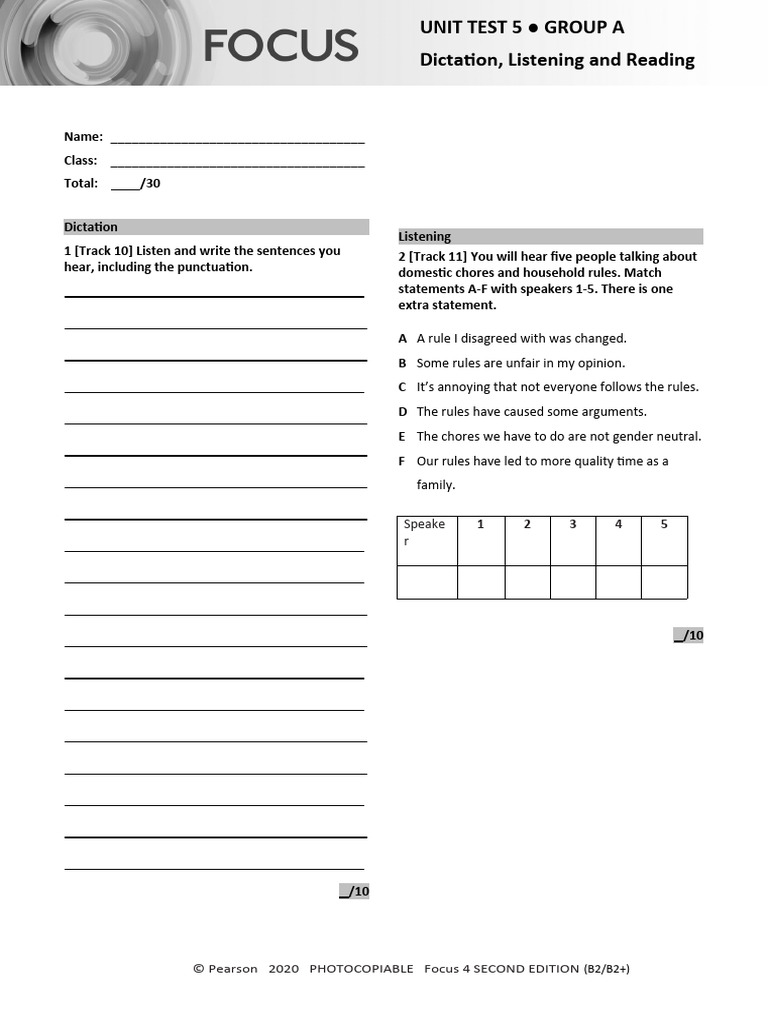 Focus4 2E Unit Test Dictation Listening Reading Unit5 GroupA | PDF ...