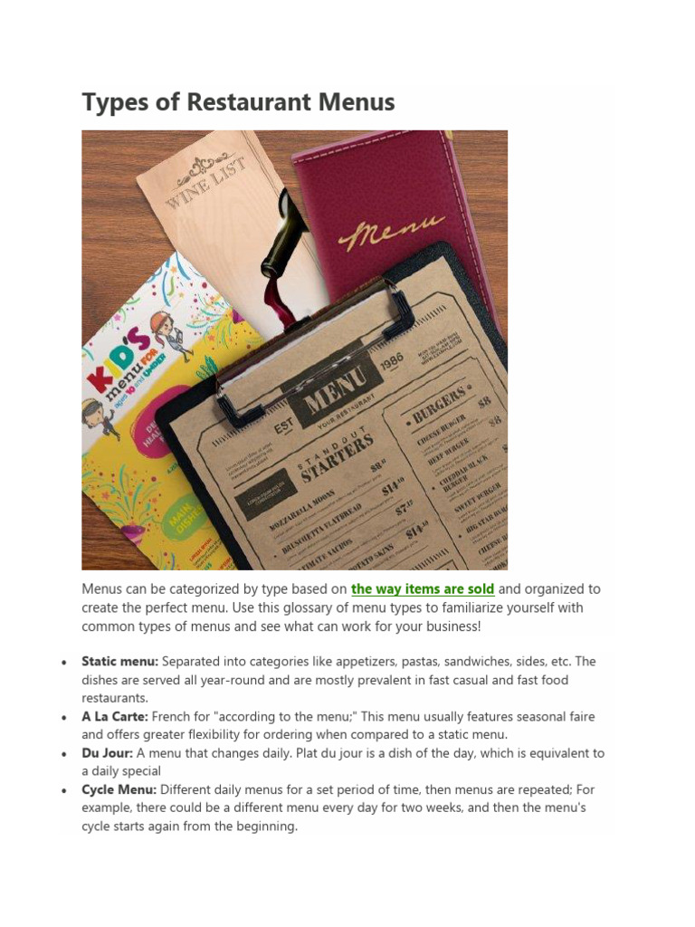 Types of Restaurant Menus | PDF | Cooking, Food & Wine