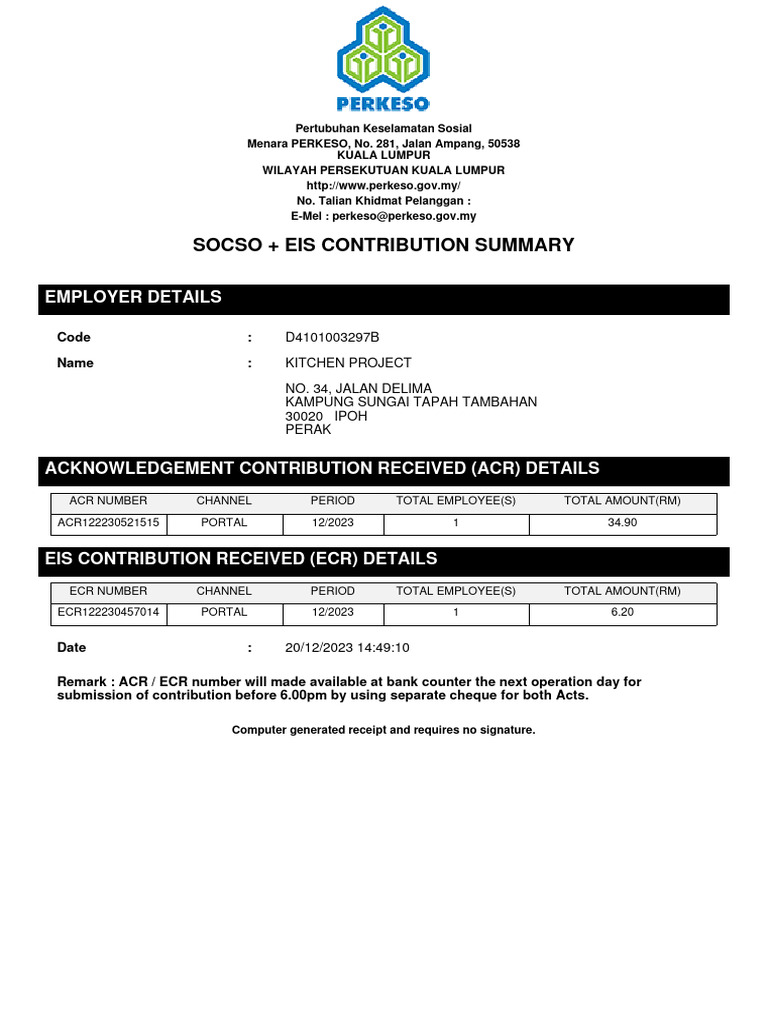 SOCSO EIS Contribution Summary 2023 | PDF