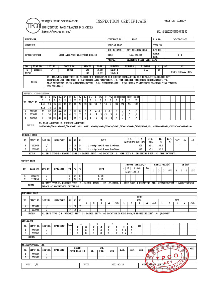 1 - Tuberia 4'' SCH40 222956 Tpco | PDF | Metals | Physical Sciences