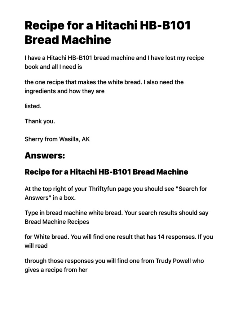 Hitachi HB-B101 White Bread Recipe | PDF | Breads | Teaspoon