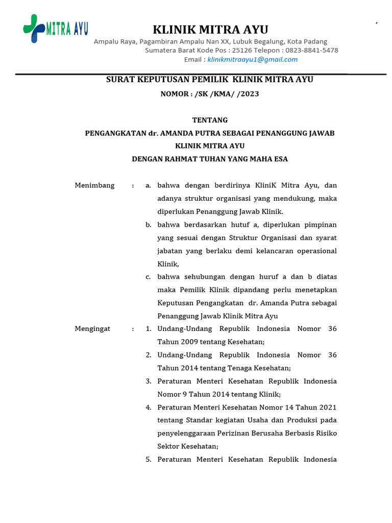 1.1.2 SK Pengangkatan Penanggung Jawab Klinik Mitra Ayu | PDF