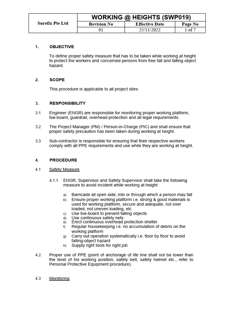 SWP-019 Work at Height | Download Free PDF | Occupational Safety And ...
