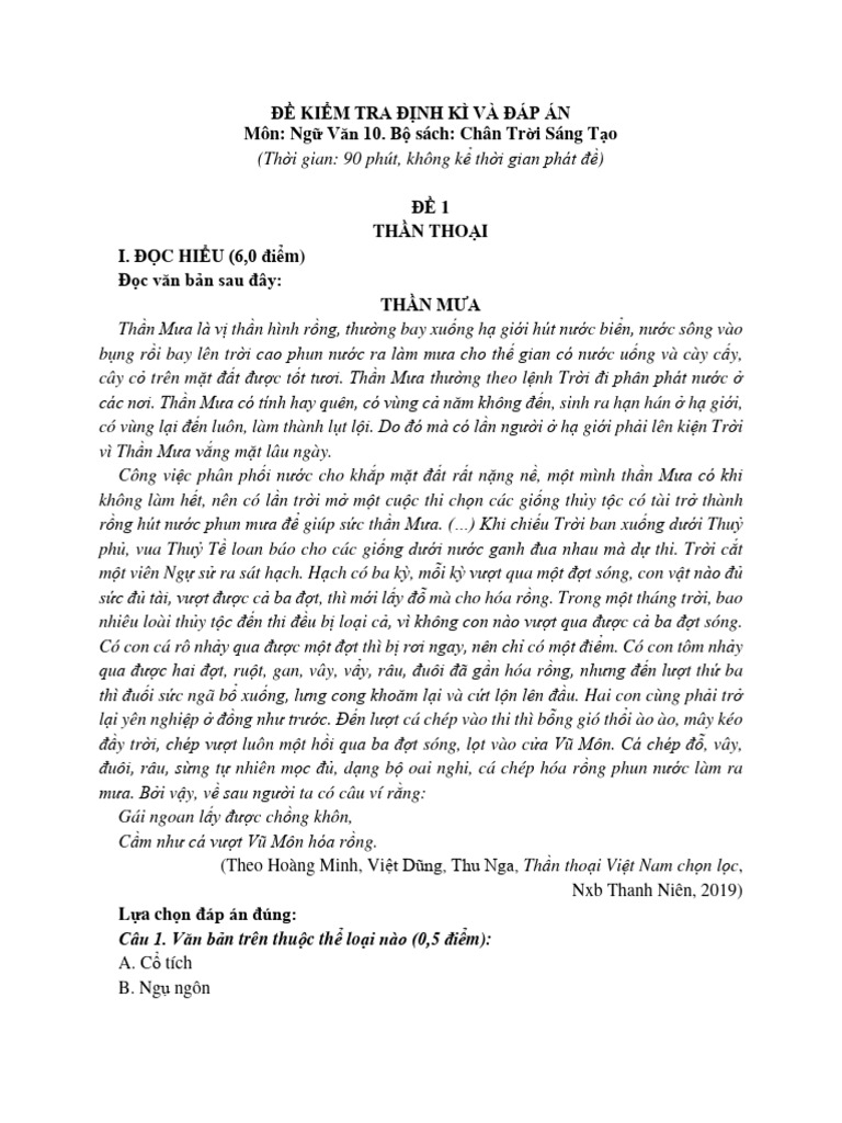 Đề Thi Thử Giữa Hki Thần Thoại Sử Thi Hs | PDF