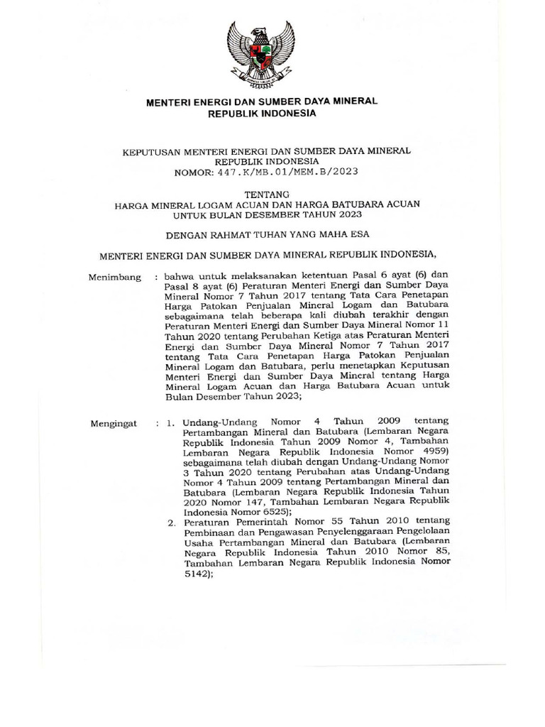 Kepmen ESDM No 447 - K - MB01 - MEM - B - 2023 - HBA Des 2023 | PDF