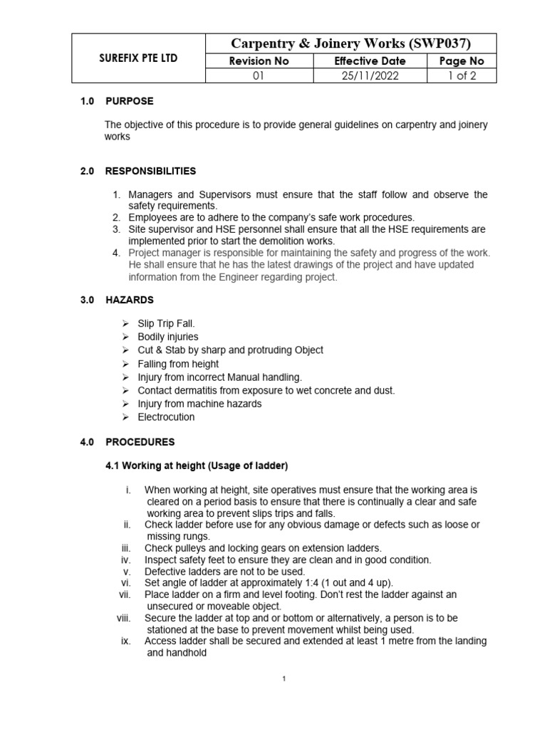 SWP-037 Carpentry & Joinery Works | PDF | First Aid | Ladder