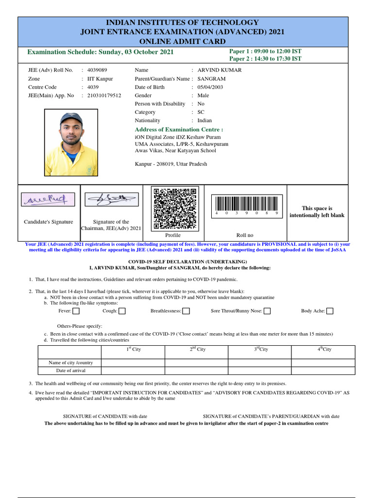 Jee Advance Admit Card | PDF