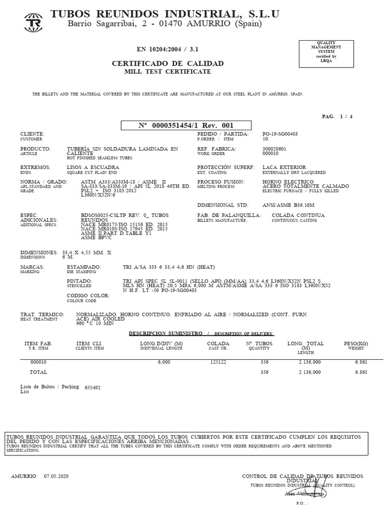 LTCS-PIPE - MTC A333 GR 6 Pipe PO L2230028 | PDF | Pipe (Fluid Conveyance) | Materials