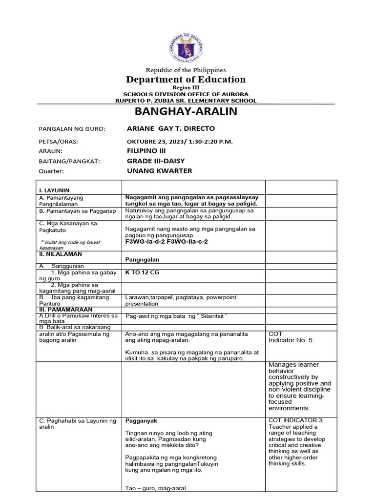 1st Cot Lesson Plan PANGNGALAN | PDF