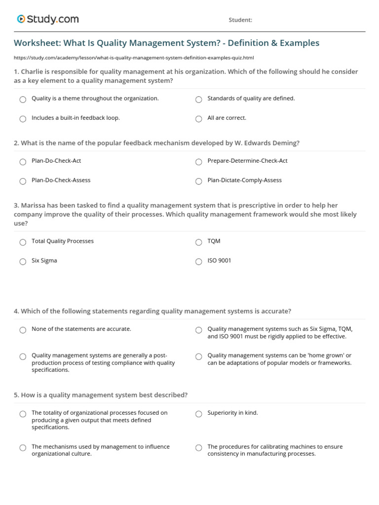 Qmquiz & Worksheet - Quality Management Systems | PDF