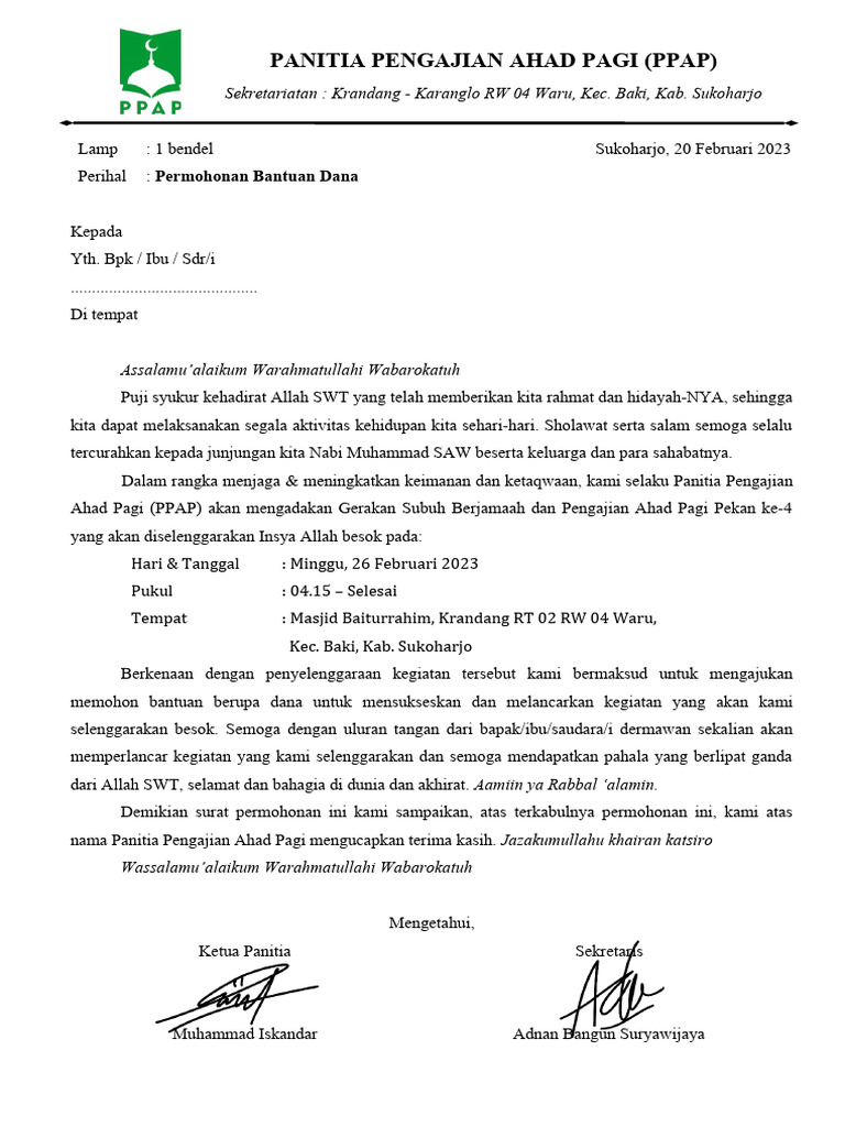 Proposal Donatur Pengajian Ahad Pagi | PDF