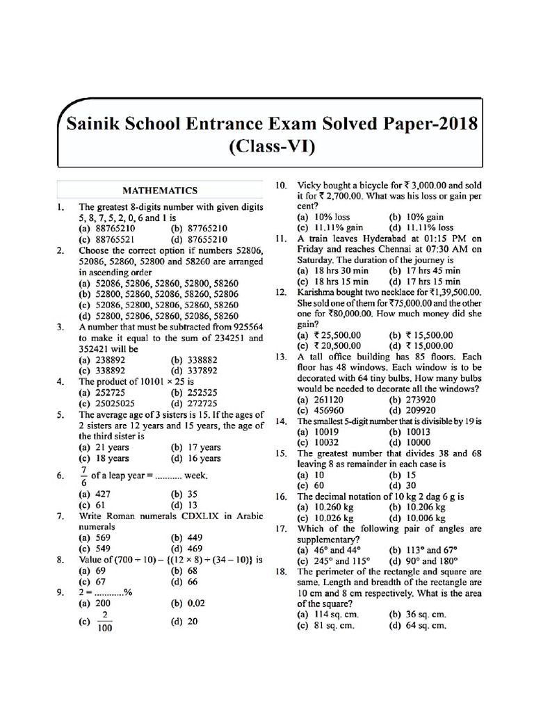 Class - 6 Sainik Sample Paper 2018 Date - 21 - 12 - 2023 | PDF