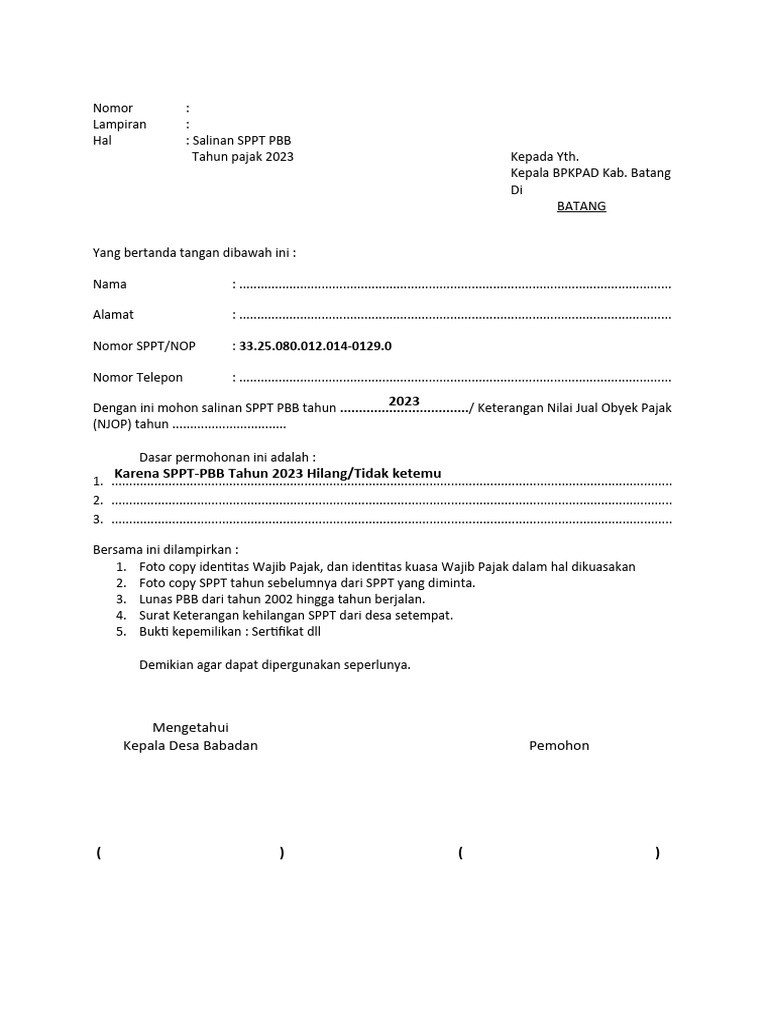 Permohonan Salinan SPPT-PBB Babadan | PDF