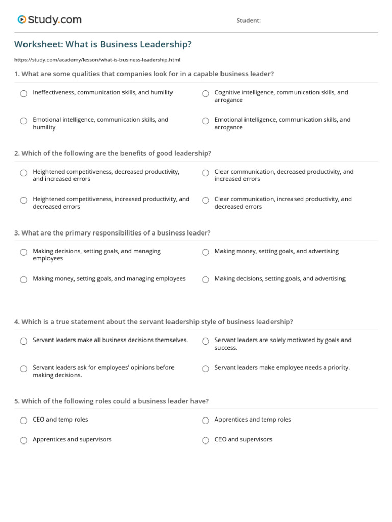 Bsquiz & Worksheet - What Is Business Leadership | PDF | Career ...