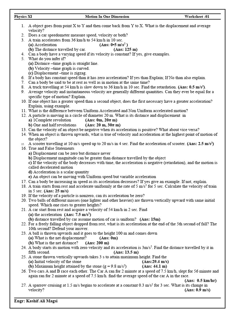 Motion in One Dimension Worksheet | PDF | Acceleration | Speed