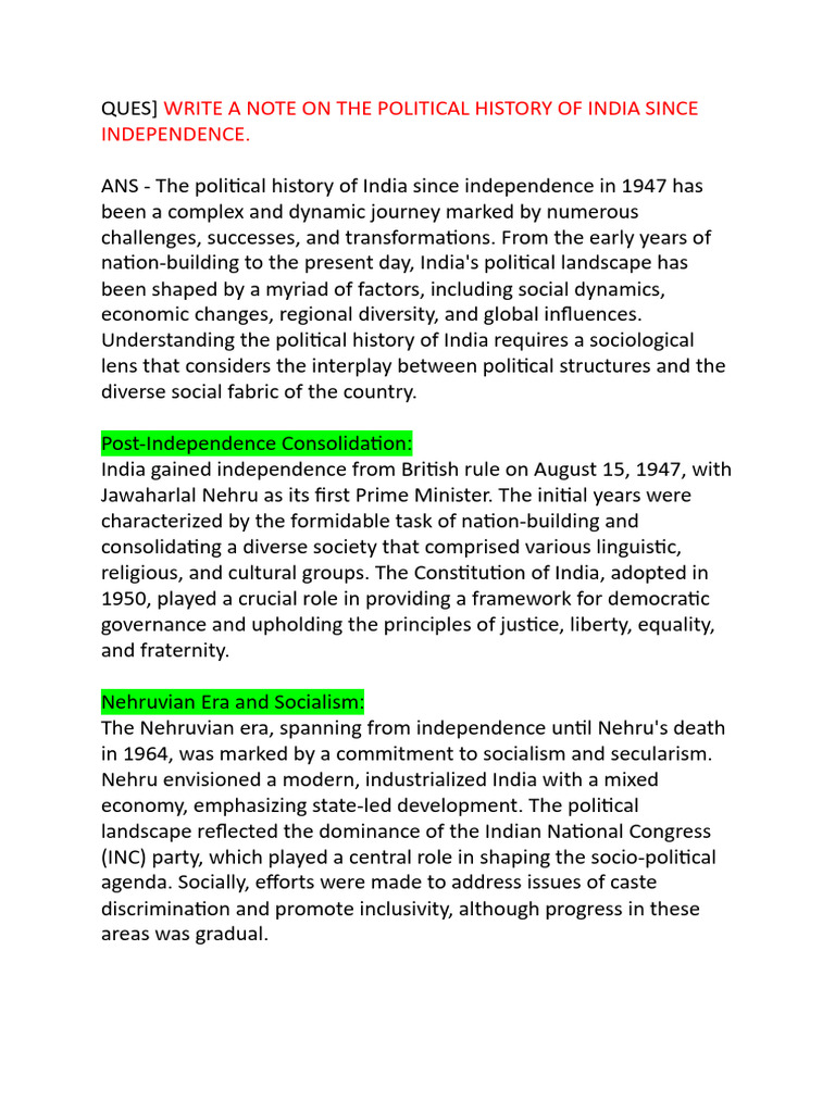 Write A Note On The Political History of India Since Independence | PDF ...
