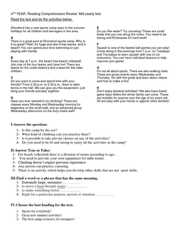 Reading Comprehension Review | PDF