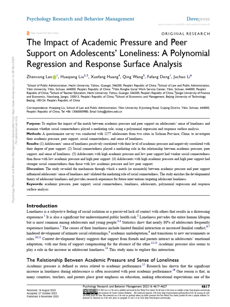 Academic Pressure, Peer Support, Loneliness | PDF | Loneliness ...