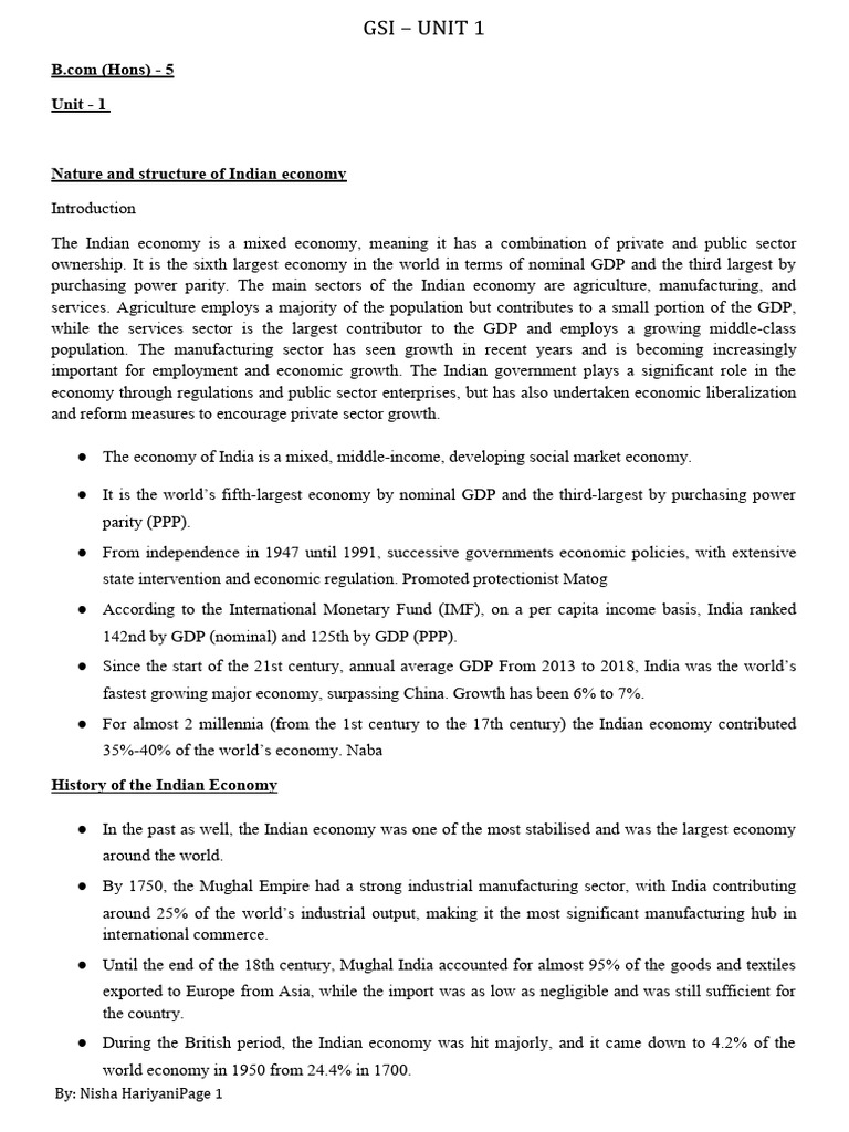 UNIT 1 Nature and Structure of Indian Economy | PDF