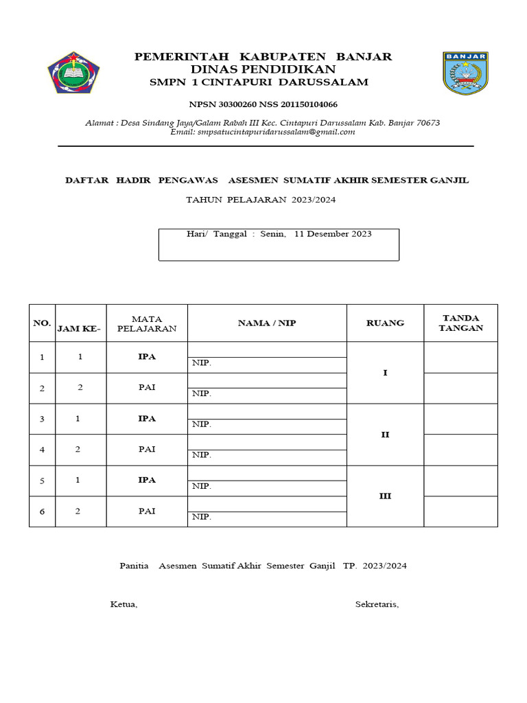 Daftar Hadir Pengawas Ruang Asesmen Sumatif | PDF