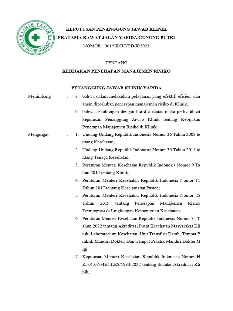 Kebijakan Manajemen Risiko Klinik Yapida | PDF