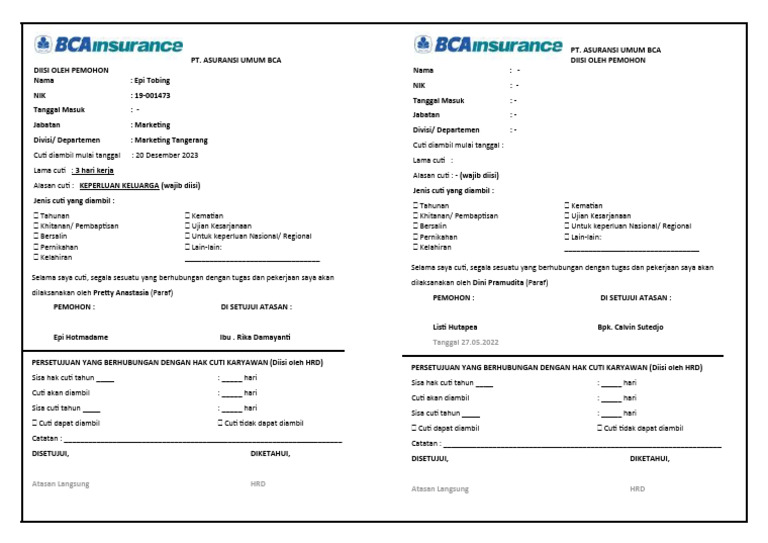 Formulir Cuti Karyawan BCA 2023 | PDF